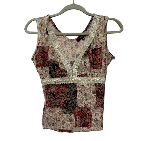 Vintage | Tops | Y2k Red Floral Patchwork Lace Trim Tank Top | Poshmark
